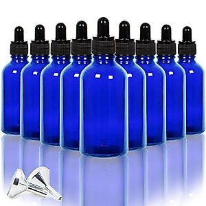 Youngever 12 Pack 2 Ounce Blue Glass Dropper Bottles for Essential Oil, 2 Stainless Steel Mini Funnels
