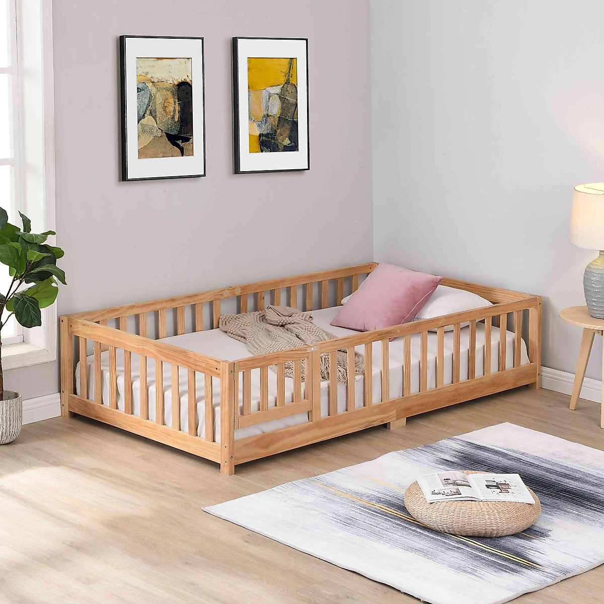TesNus Twin Size Floor Bed with Door, Montessori Bed with Rails and Slats for Boys and Girls, Solid Wood Platform Bed Frame for Kids with Fence,Natural Wood