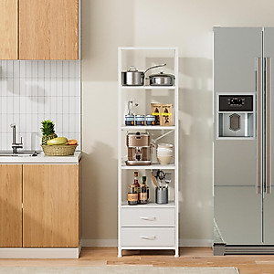 Furnulem 5-Tier Corner Shelf, Narrow Bookshelf with 2 Storage Drawers, Tall Bookcase, Standing Shelf Organizer Unit for Living Room, Bedroom, Metal Frame, Wood Display Shelf(White)