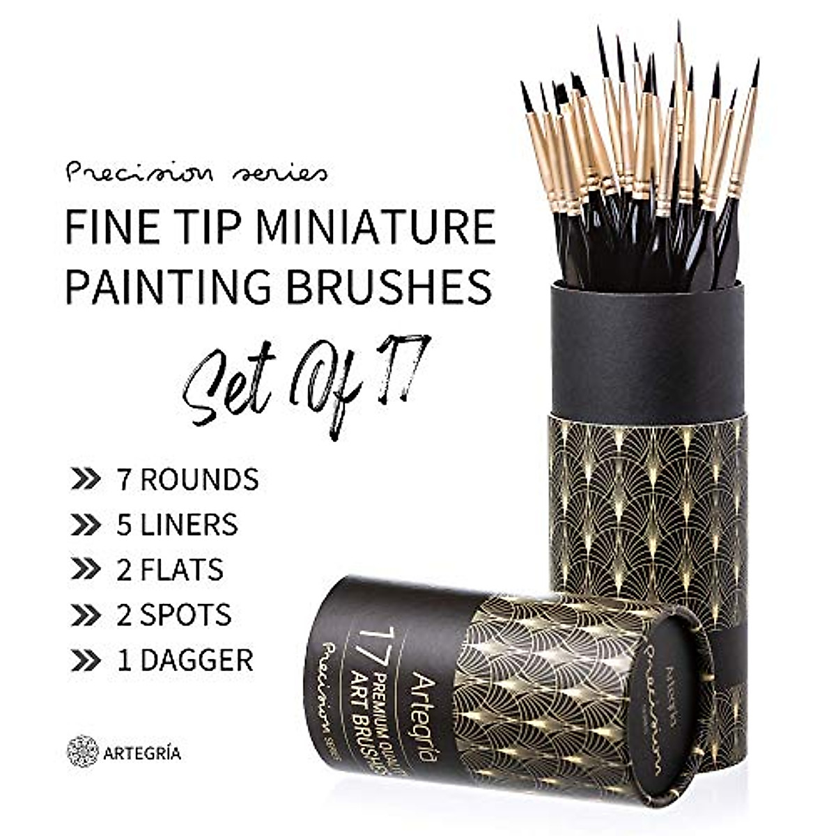 ARTEGRIA Detail Paint Brush Set - 17 Miniature Paint Brushes with Fine Tips Ergonomic Handles Dagger Brush for Small Scale Models Warhammer 40k DnD Paint by Numbers for Adults - Acrylic Watercolor Oil