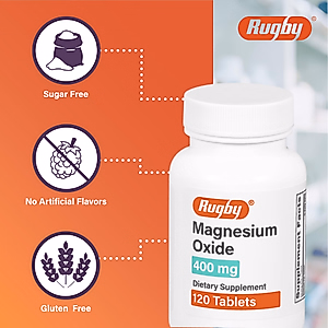 Rugby Magnesium Oxide 400 mg Tablets - Dietary Supplement - Gluten-Free - 120 Tablets