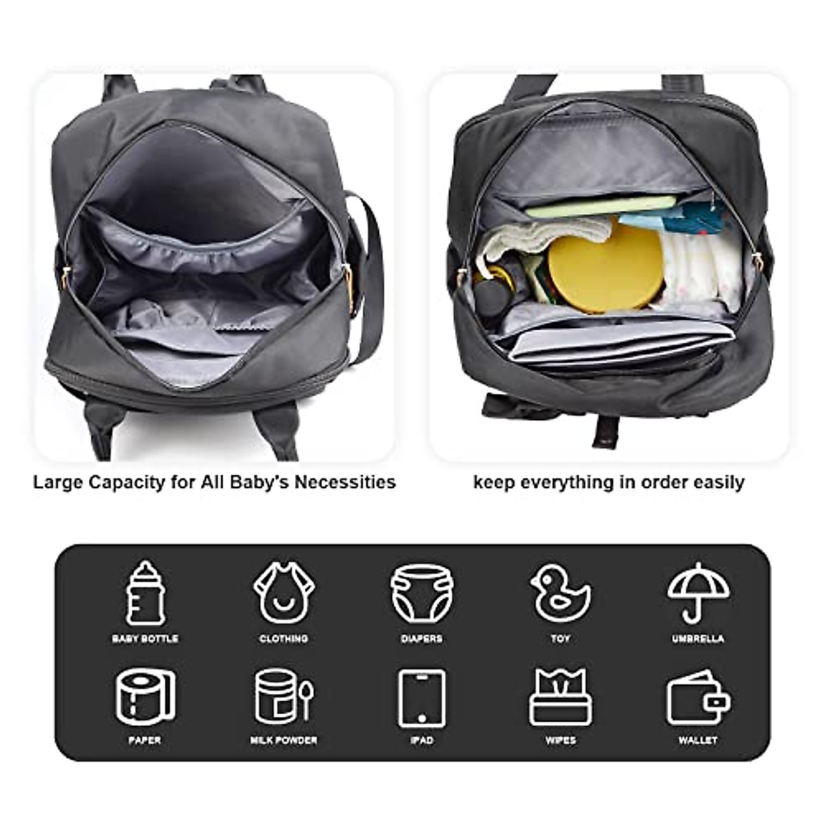 Diaper Bag Backpack For Mom Dad, Aiyoo baby Changing Bags Black Lightweight Travel BackPack Style Diaper Bags with Changing Pad