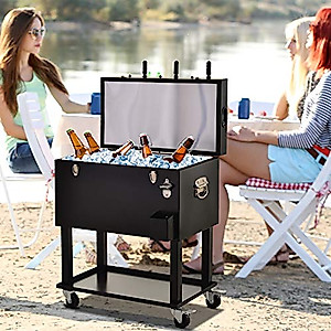 Outsunny 68QT Patio Cooler Ice Chest with Foosball Table Top, Portable Poolside Party Bar Cold Drink Rolling Cart on Wheels with Tray Shelf