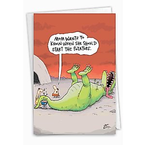 NobleWorks Hysterical Birthday Paper Card with 5 x 7 Inch Envelope (1 Card) for Men and Women, Dinosaur Barbecue C7888BDG