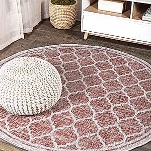 JONATHAN Y SMB109C-9R Trebol Moroccan Trellis Textured Weave Indoor/Outdoor Area Rug, Modern, Bohemian, Contemporary for Bedroom, Kitchen, Living Room, Easy-Cleaning, Red/Beige, 9' Round