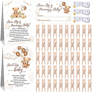 Suzile 105 Pcs Bear Theme Baby Shower Games Include How Big is Mommy's Belly Game Measure Mommy's Belly Sign Don't Say Baby Sign with 50 Mini Clothespins 50 Pcs Guessing Cards 3 Rolls Measuring Tape