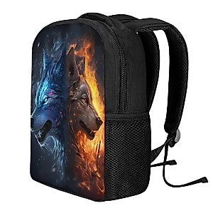 KIDVOVOU Cool Fire Ice Wolf Backpacks for Boys Girls Teens School Bag Elementary Back to School Bag Bookbag Travel Hiking Daypacks