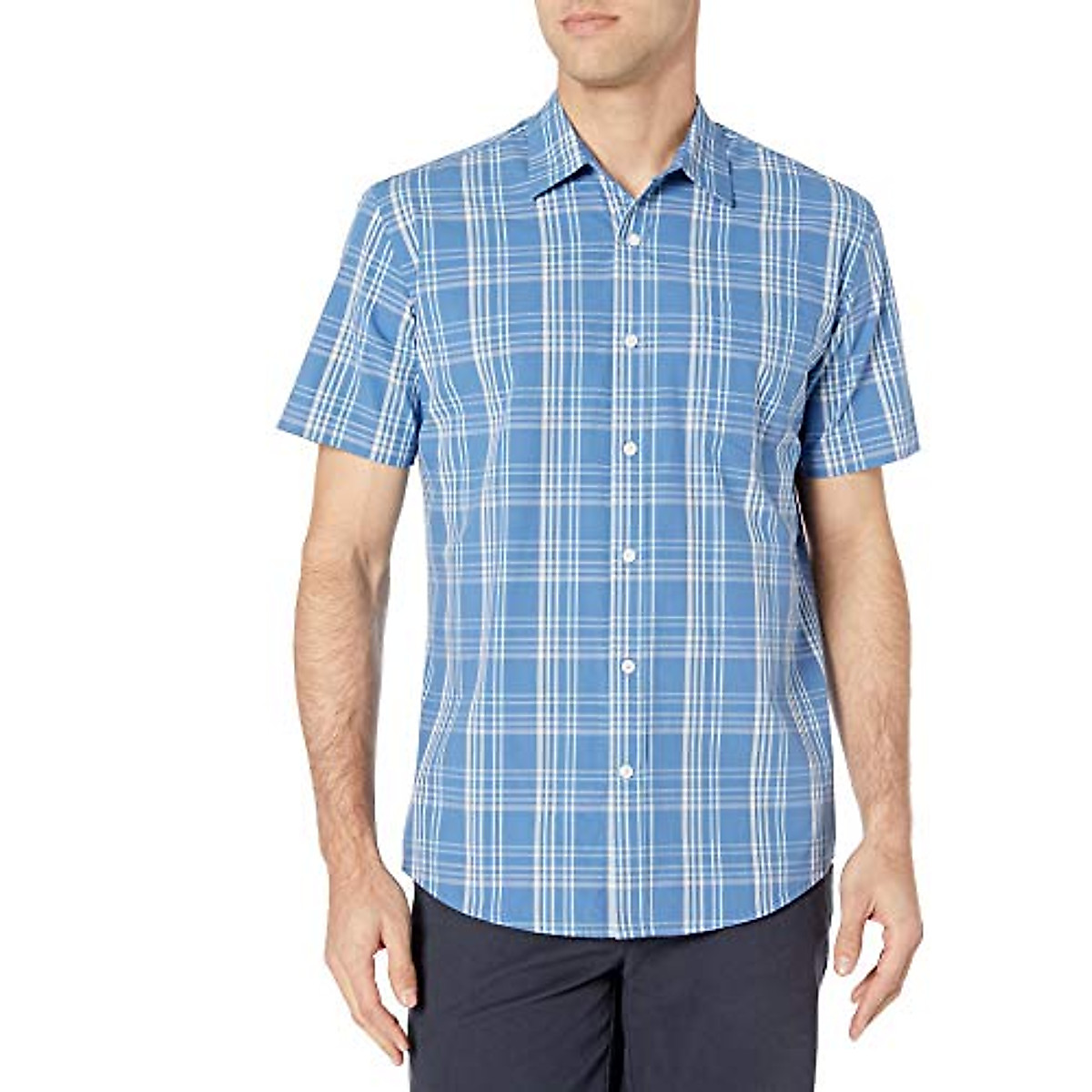 Amazon Essentials Men's Regular-Fit Short-Sleeve Poplin Shirt, Aqua Blue Checked, Large
