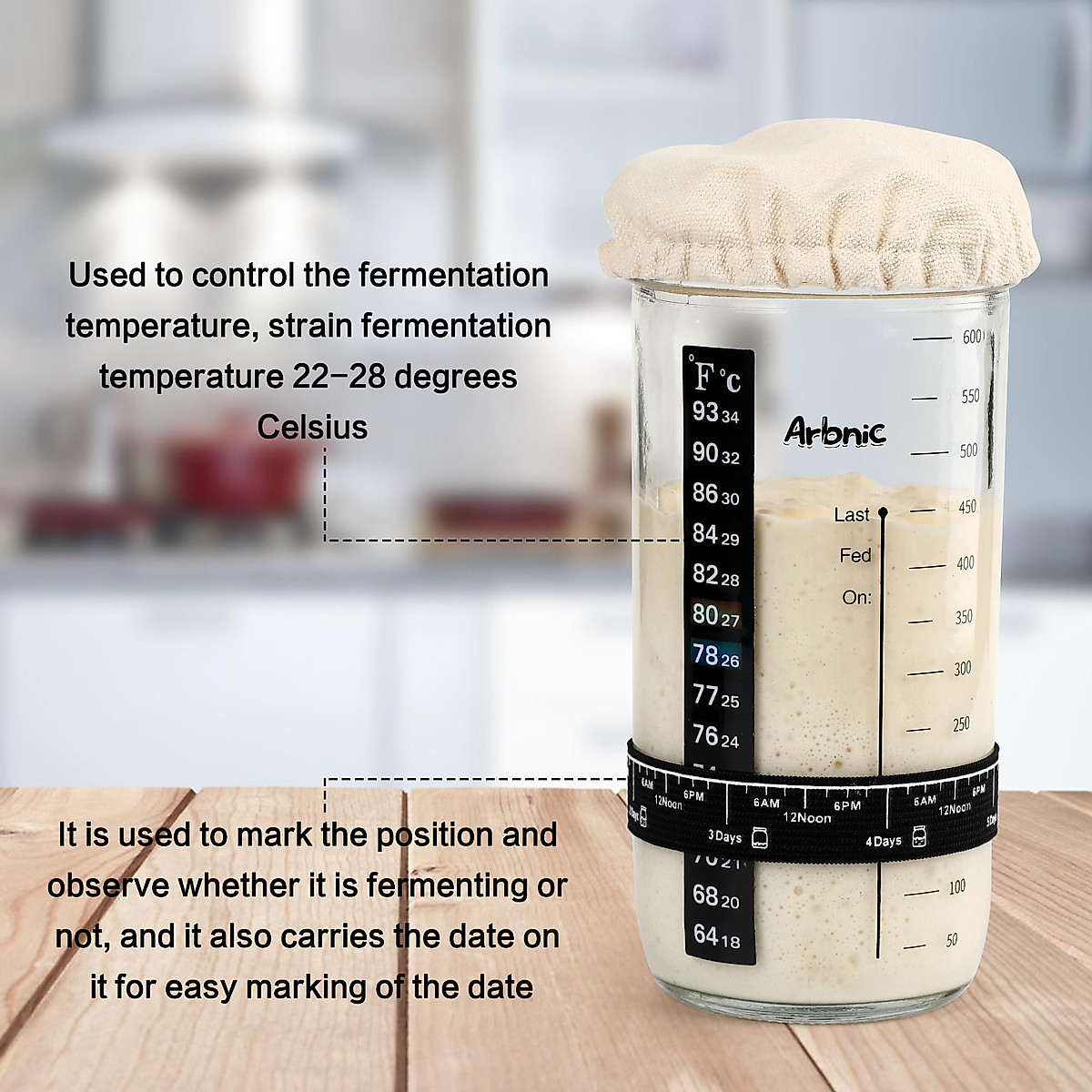 Arbnic Sourdough Starter Kit with 2 Starter Jars, Sourdough Bread Baking Supplies Included Thermometer Band, Level Tracker (with 2 Jars)