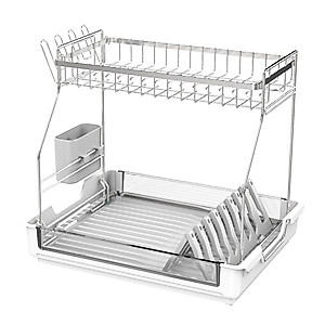 EMT ETRENDS Large Capacity Dish Drying Rack,Rust Resistant Dish Rack for Kitchen, Compact and Foldaway Dish Drainer with Removable Drainboard, Utensil/Cutlery Holder , Plastic, White