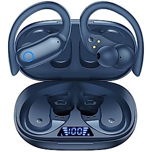 GNMN Bluetooth Headphones Wireless Earbuds 80hrs Playback IPX7 Waterproof Ear Buds Over-Ear Stereo Bass Earphones with Earhooks Microphone LED Battery Display for Sports/Workout/Gym/Running Blue