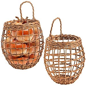 Elsjoy Set of 2 Wall Hanging Onion Basket, Wicker Woven Basket Handmade Rattan Basket, Fruits and Veggies Storage Basket for Pantry, Kitchen, Garden