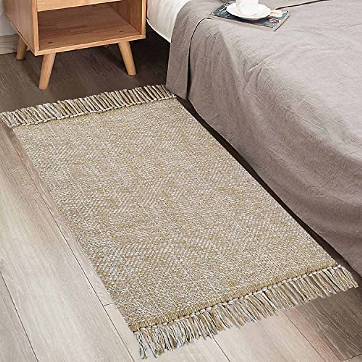 Boho Bathroom Rug 2'x 3', Khaki/Cream Hand- Woven Cotton Reversible Small Entryway Rug with Tassels Machine Washable Rug for Kitchen/Laundry/Doorway Porch Throw Floor Mat