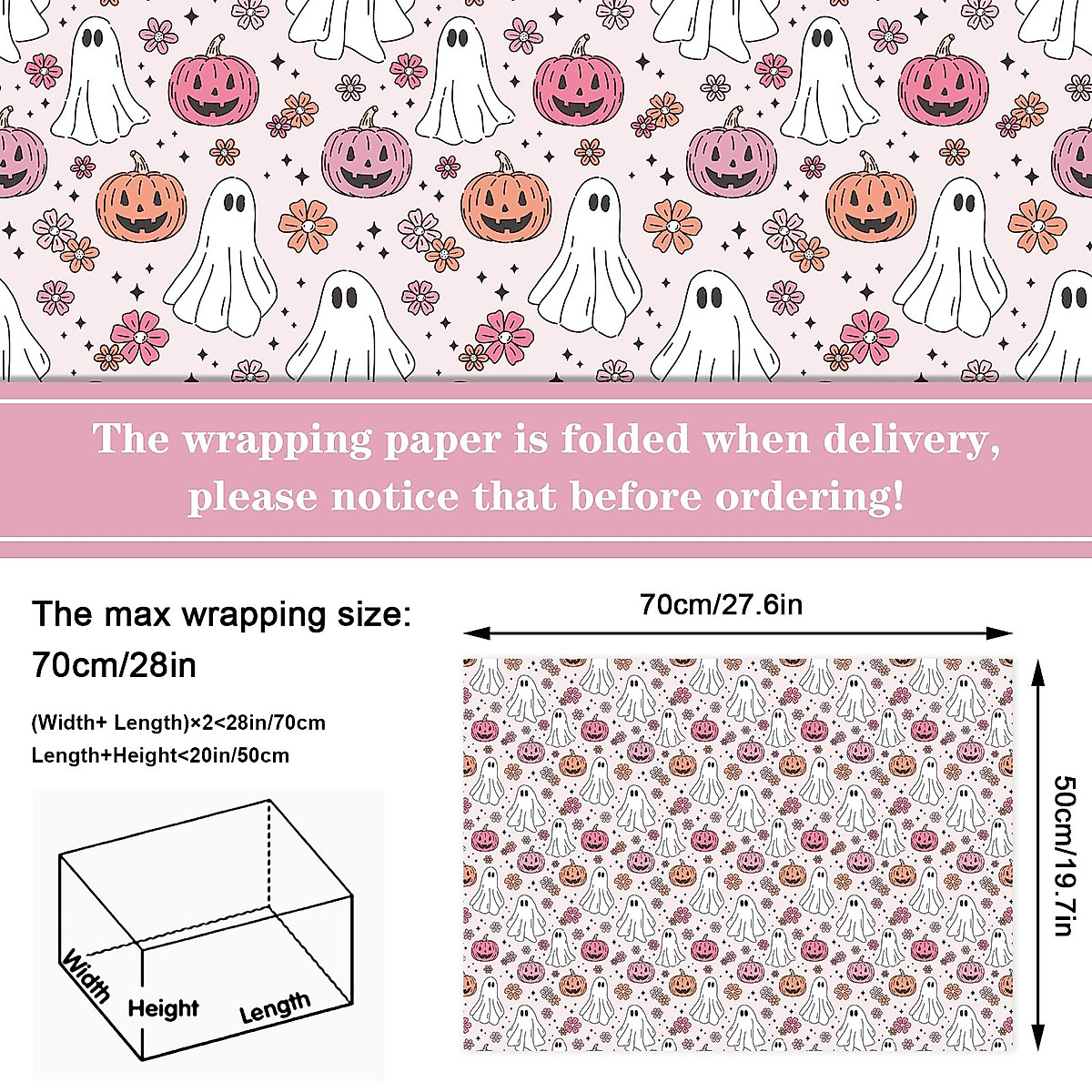 Generic AnyDesign 12 Sheets Halloween Wrapping Paper - Not Roll - Pink White Ghost Pumpkin Gift Wrap Paper Folded Flat Cute Art Paper for DIY Crafts, 19.7 x 27.6 Inch