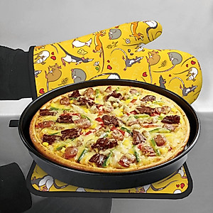 Oven Mitts Pot Holders Set of 2 Heat Resistant Kitchen Cute Cartoon Rats Yellow Mouse Teeth Pattern Oven Mitts Waterproof Women Men Home Cooking Baking Microwave BBQ Gift