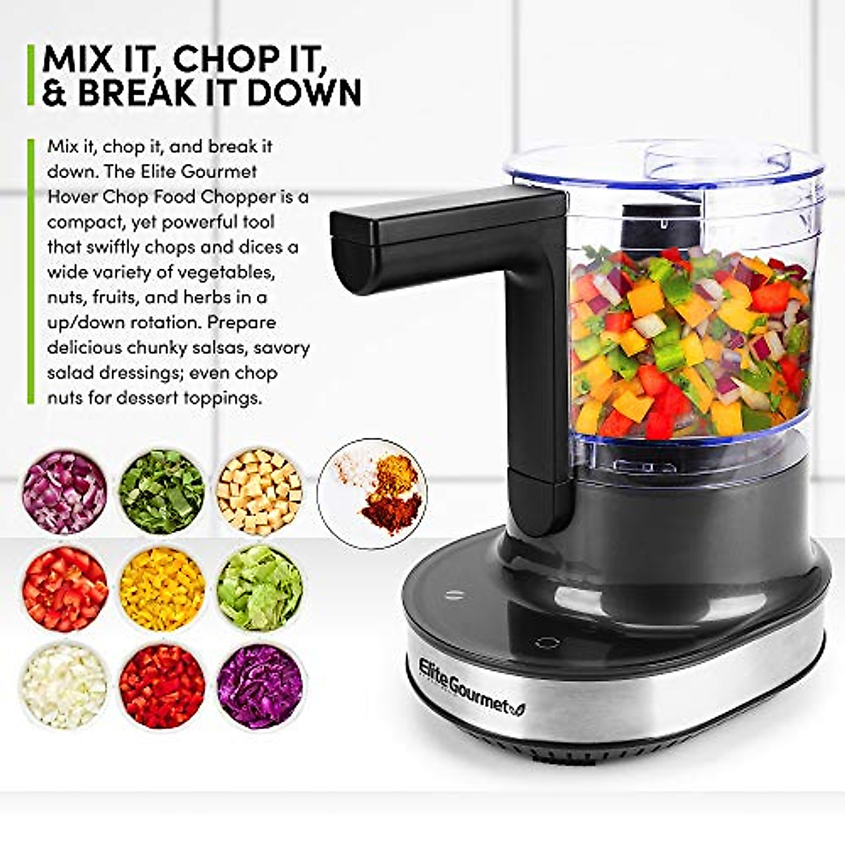 Elite Gourmet EMC4423 Maxi-Matic Patented Electric HoverChop Vegetable Food Prep Processor Chopper, Up/Down Chopping Motion, Chop, Grind, Emulsify, Puree, Mince, Touch Screen Keypad