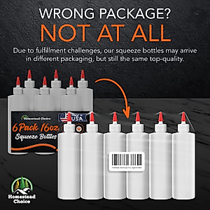 6-pack Plastic Squeeze Bottles for Sauces - 16 OZ Condiment Squeeze Bottles for Liquids - Made in USA - BPA Free Squirt Bottles with Cap - Ketchup, Syrup, Oil, Dressings, Honey & Arts and Crafts