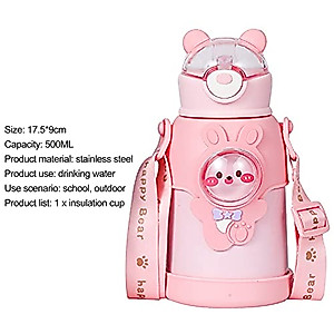 ZTGD Cute Insulated Water Bottle 500ml for Kid&Lady,Kawaii Thermos Cup with Straw,Hanging Rope&Cute Pattern,Stainless Steel Coffee Vacuum Thermos Bottle Keep Drinks Hot or Cold for Travel,School,Offi