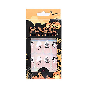 Aksod Ghost Press on Nails Short Glossy Virus Fake Nails Almond Cartoon Designed False Nails Tips Full Cover Cute Halloween Easter Festival Artificial Nails Sets for Women and Gilrs 24Pcs (Style G)