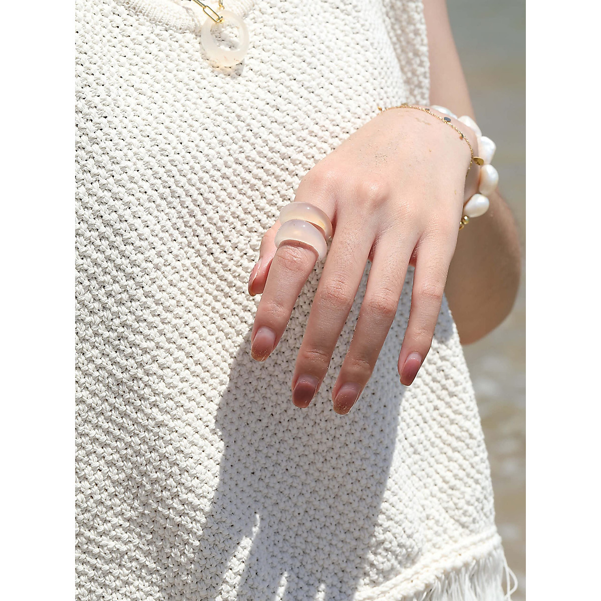 S.Leaf Sterling Silver Petite Pinky Ring Dome Agate Chunky Rings Puffy Gold Rings for Women Stackable Rings for Women(white, 7)