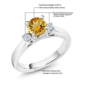 Gem Stone King 925 Sterling Silver Yellow Citrine and White Created Sapphire 3-Stone Engagement Ring For Women (0.90 Cttw, Round 6MM, Gemstone November Birthstone, Size 5)