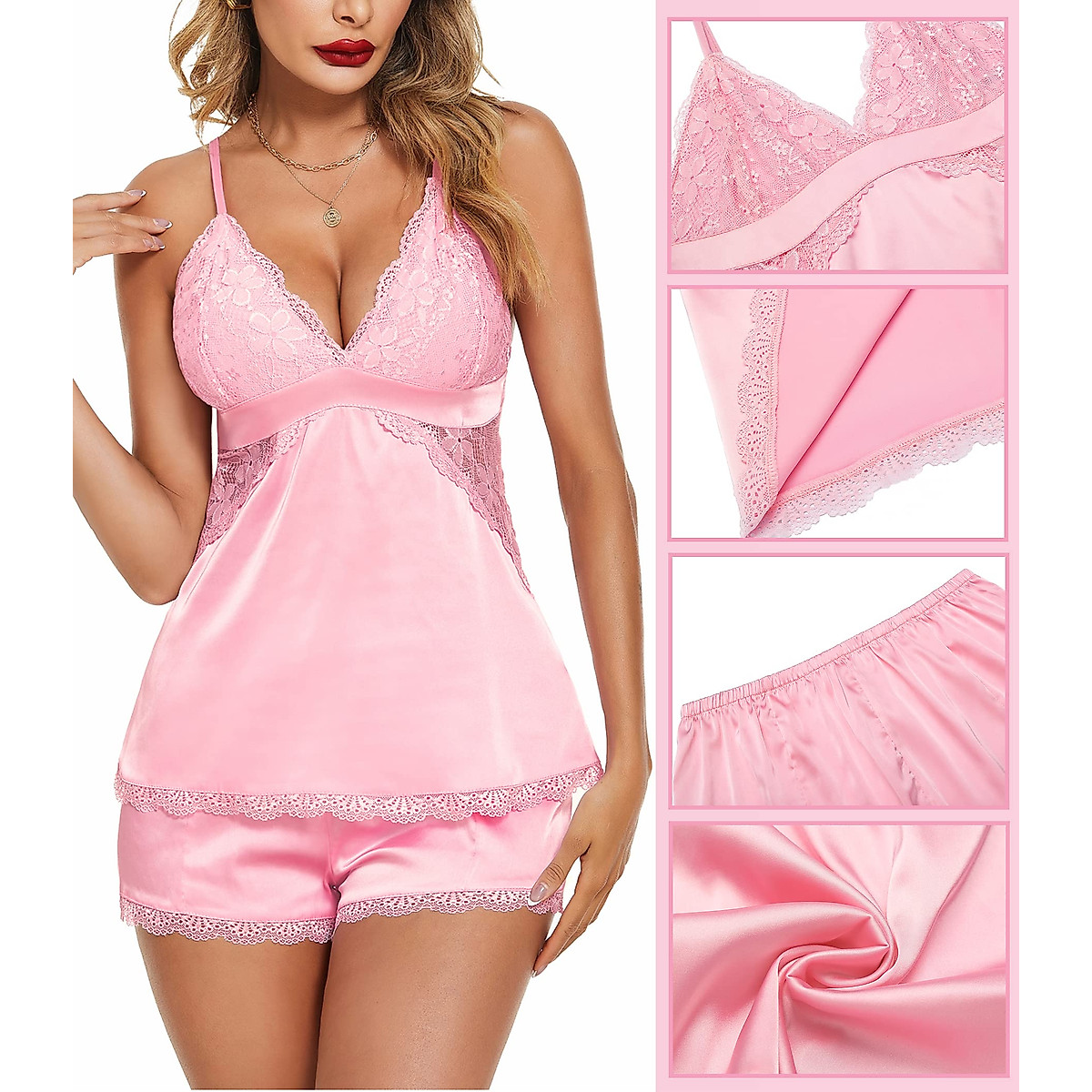 Avidlove Sexy Satin Sleepwear Lingerie 2 Piece Silk Pjs Cami top and Shorts Sleep Camisole Nightwear Gift Pink