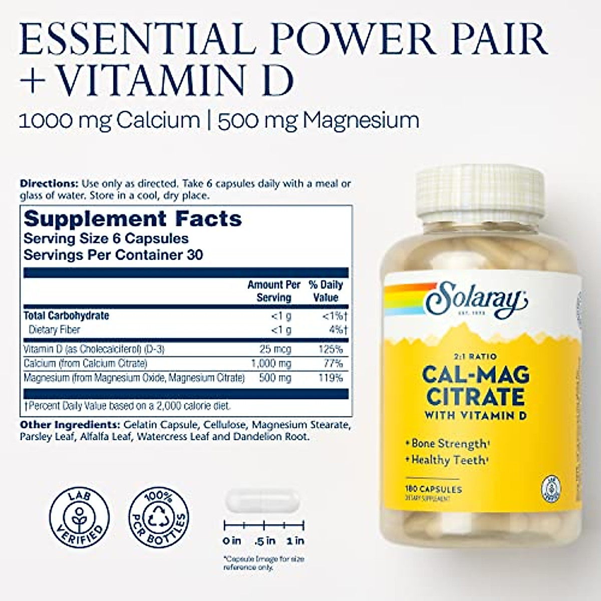 Solaray Calcium Magnesium Citrate 2:1 w/ Vitamin D-3, 30 Serv, 180 Caps