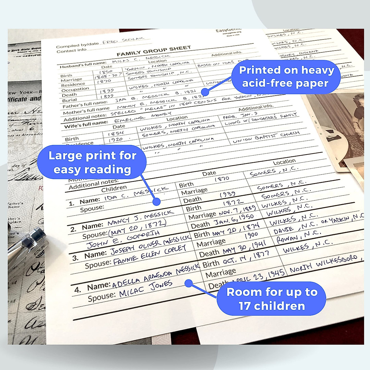 LARGE PRINT Two-Sided Family Group Sheets for Ancestry (30 Sheets) by EasyGenie | Archival-Quality Genealogy Forms