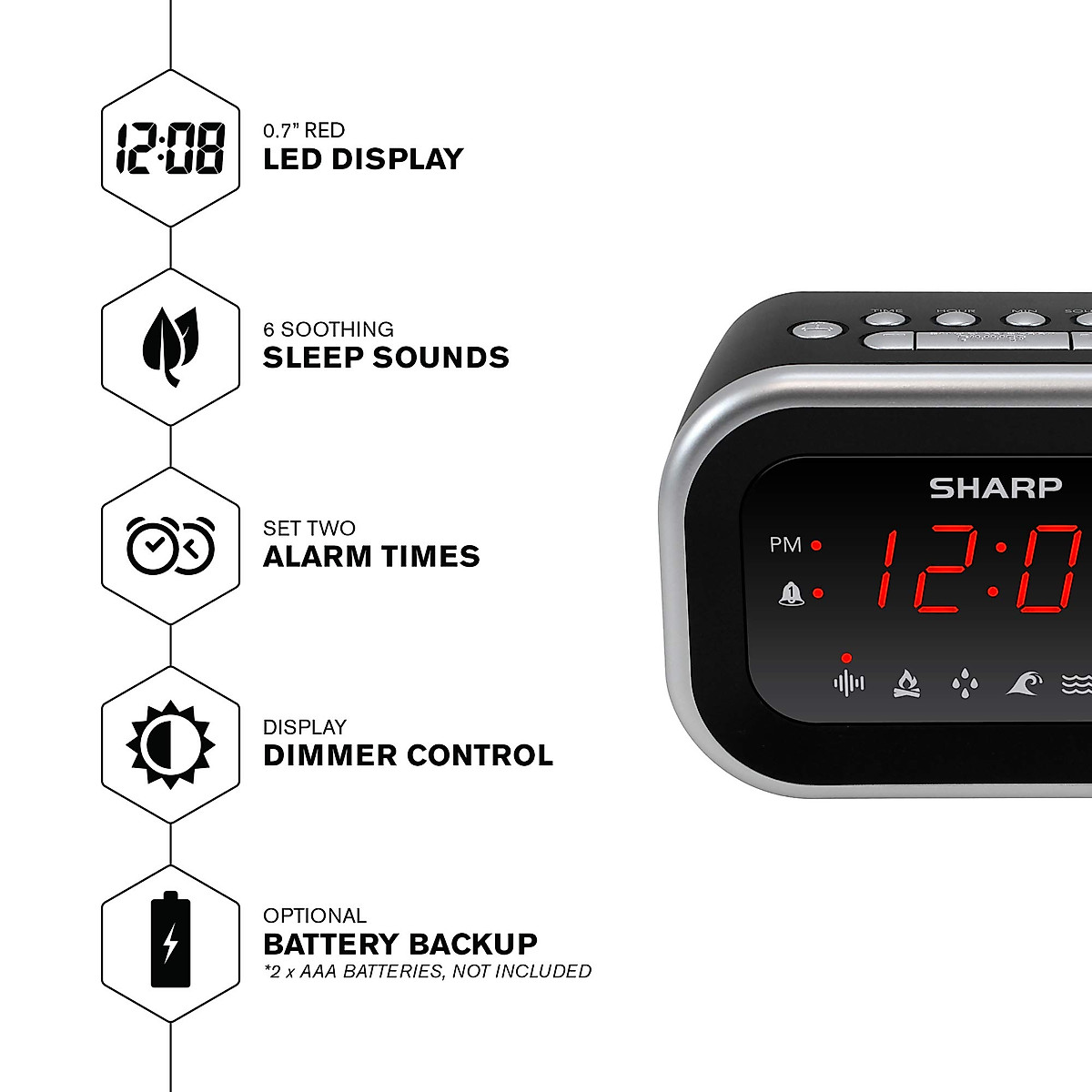 SHARP Dual Alarm Clock with Sound Machine with 6 Relaxing Sounds: White Noise, Campfire, Rain, Ocean, Brook, Thunderstorm, Easy to Use, Red LED Display
