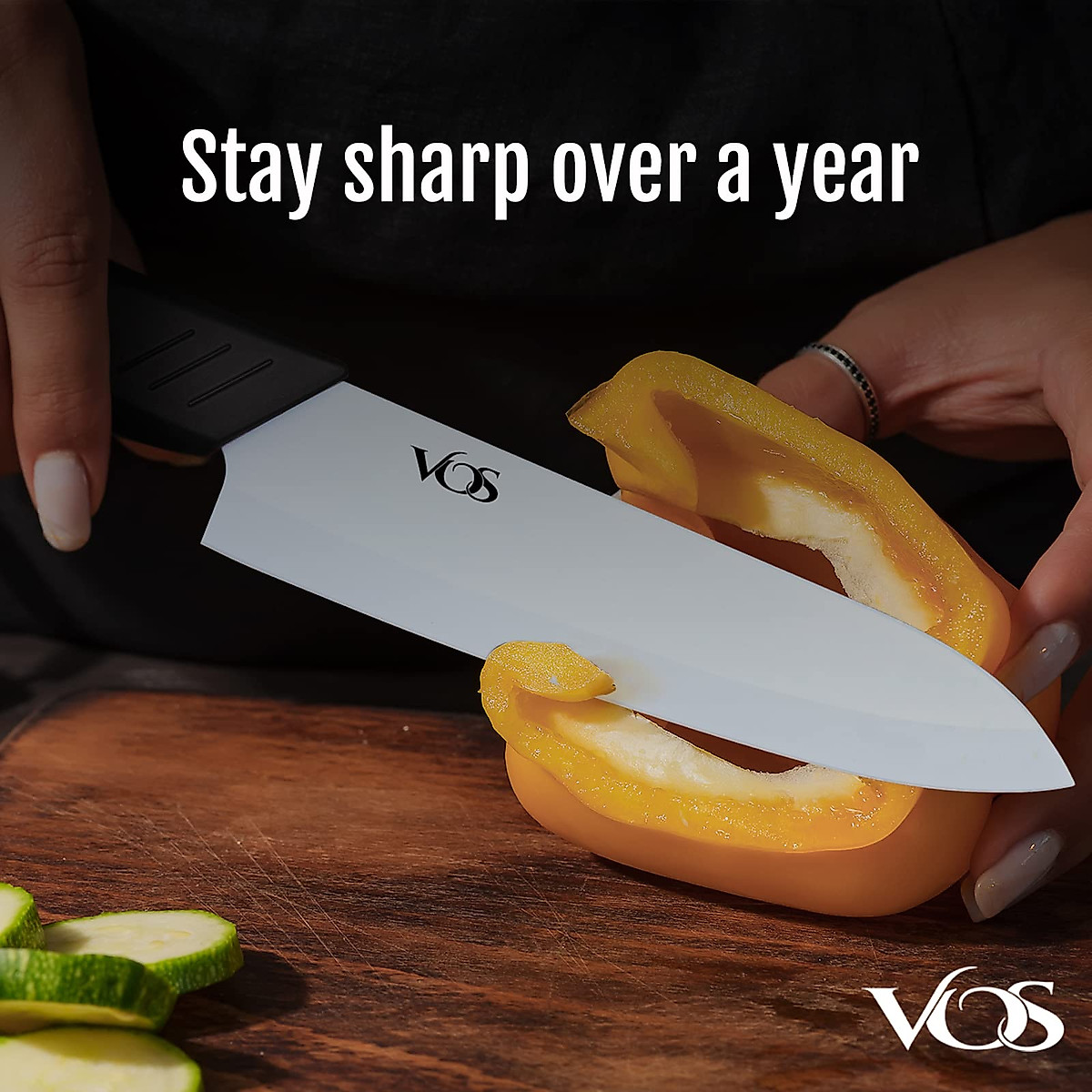 Vos Ceramic Knife Set for Kitchen - Includes 3", 4", 5", 6" Knives with Covers & Peeler in Black - Sharp Ceramic Blades for Versatile Cutting and Paring