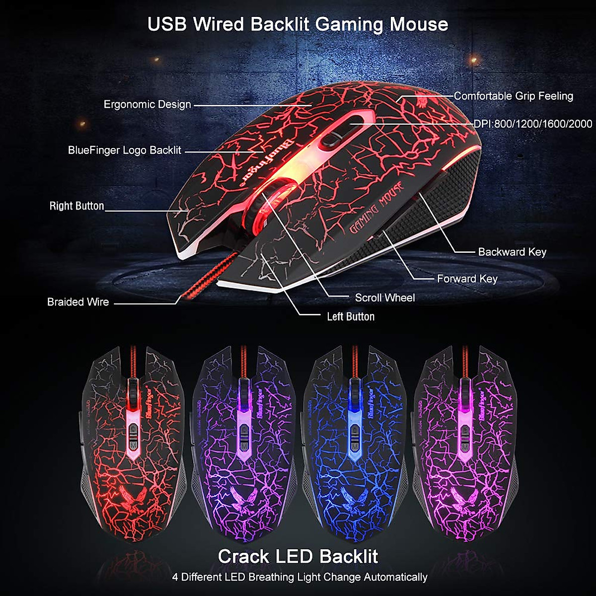 BlueFinger Backlit Gaming Keyboard and Mouse Combo,USB Wired Backlit Keyboard Mouse Game Set,Multimedia Keys,3 Color LED Crack Illumination Keyboard Mouse for Game and Work