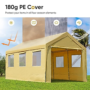 ADVANCE OUTDOOR 10x20 ft Heavy Duty Adjustable Carport with 6 Roll-up Ventilated Windows & Removable Sidewalls Car Canopy Garage Boat Shelter Party Tent, Peak Height from 9.5ft to 11ft, Beige Yellow