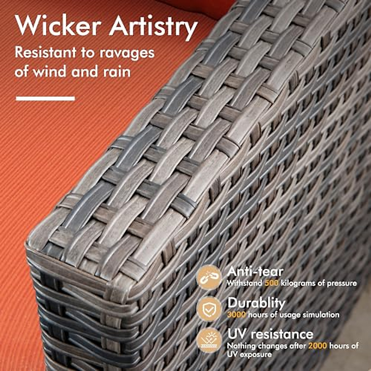 XIZZI Patio Furniture Set Outdoor All Weather Wicker 7 Pieces Conversation Sofa with High Back Swivel Rocking Chairs Matching Side Table,Ottomans and Coffee Table,Brown Wicker Orange Red