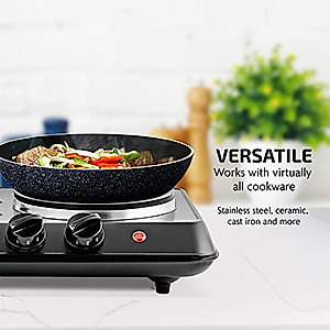 Ovente Electric Countertop Double Burner, 1700W Cooktop with 7.25 and 6.10 Inch Cast Iron Hot Plates and Temperature Control, Portable Cooking Stove, Easy to Clean Stainless Steel Base, Black BGS102B