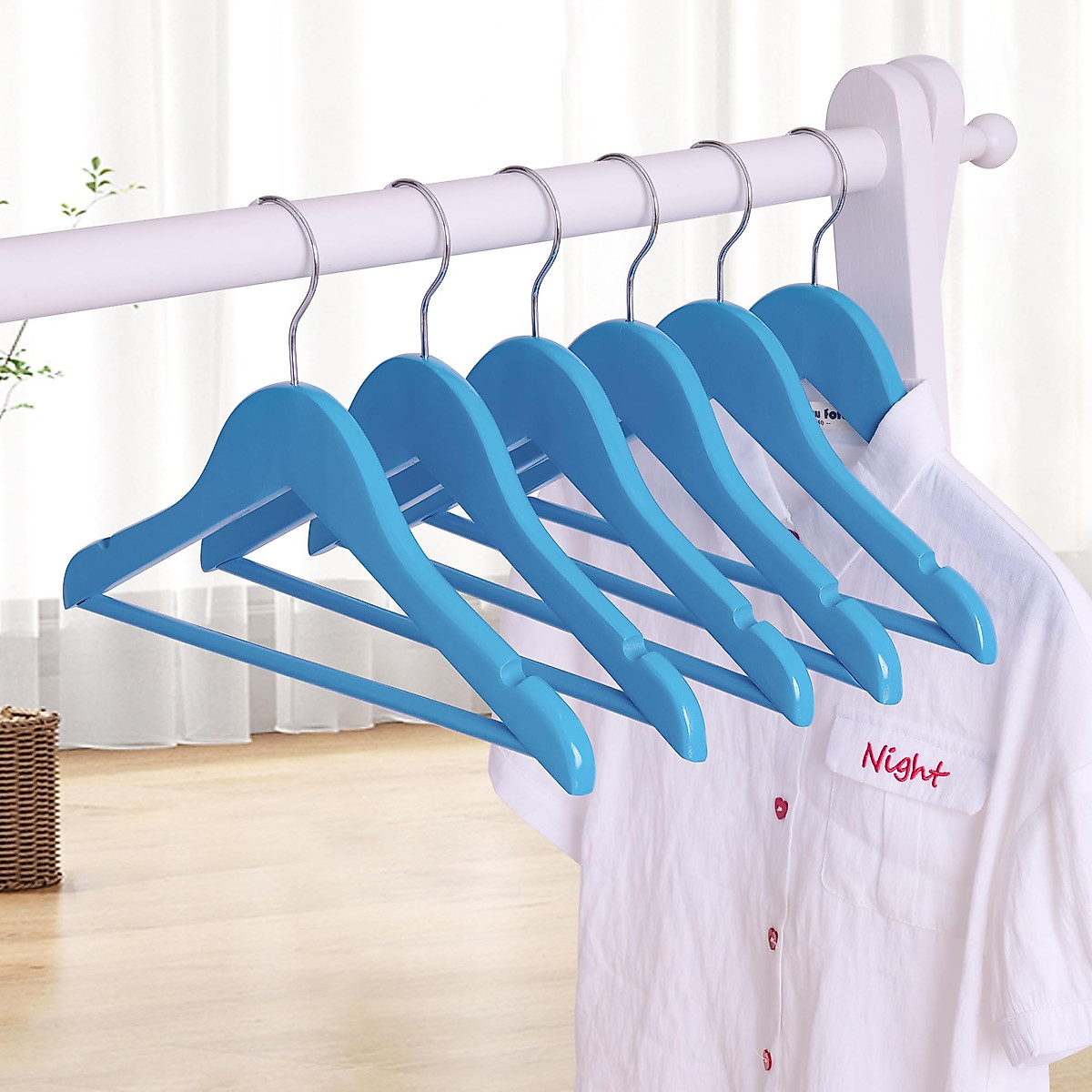 JS HANGER Kids Wooden Hangers 20 Pack, Solid Wood Baby Hangers, Children's Coat Hangers with Pants Bar, Shoulder Notches, Swivel Hooks, 12.6 Inches, Blue and Silver for Boy & Girls