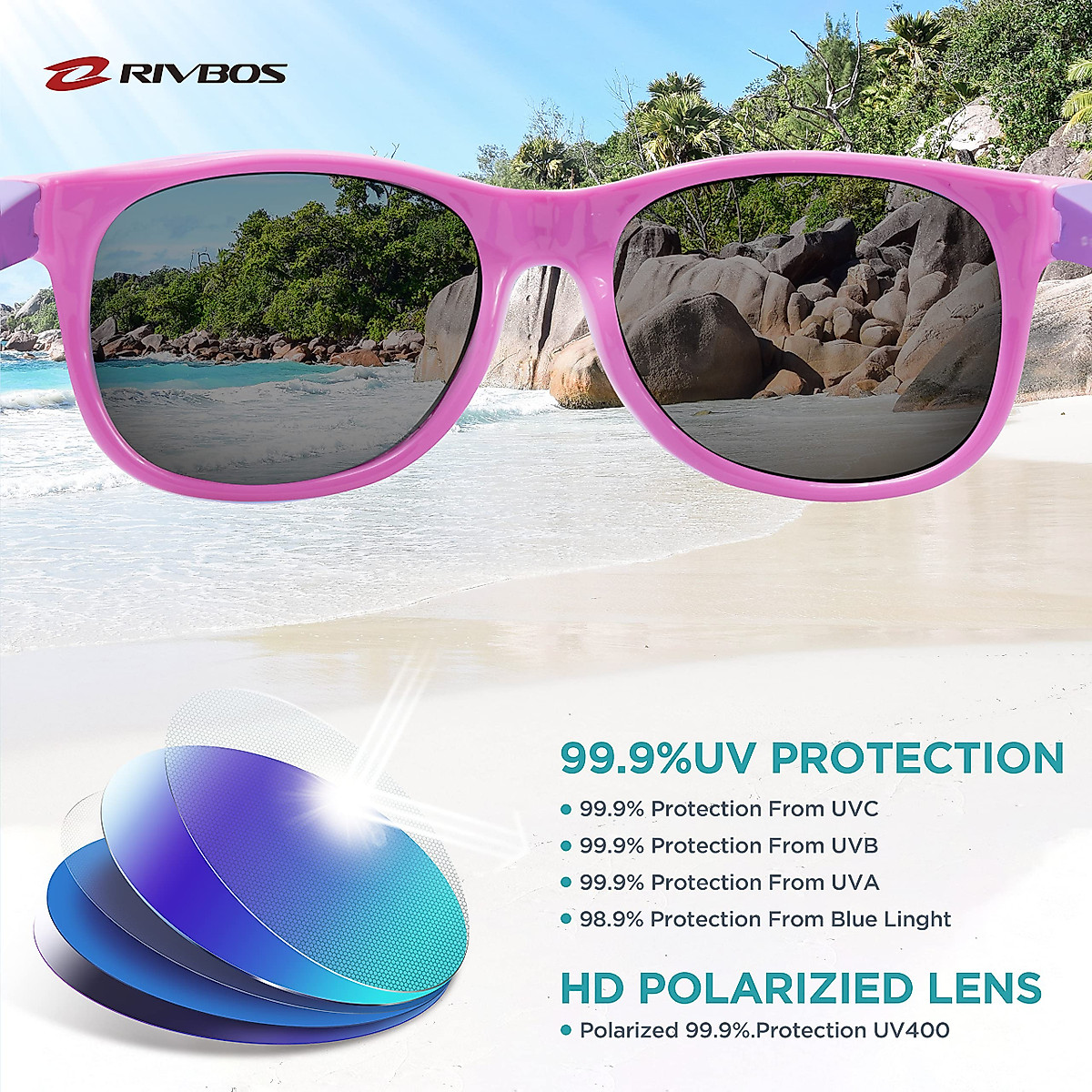 RIVBOS Kids Sunglasses for Girls Boys with Strap Polarized UV Protection Flexible Rubber Shades RBK004-2 Pink