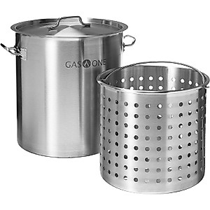 GasOne Stainless Steel Stockpot with Basket – 36qt Stock Pot with Lid and Reinforced Bottom – Heavy-Duty Cooking Pot for Deep Frying, Turkey Frying, Beer Brewing, Soup, Seafood Boil – Satin Finish
