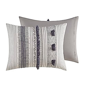 INK+IVY Cody Cotton Duvet Set - Geometric Modern Design with Fringe Tassel Trim and Pom Accent, All Season, Breathable Cover for Comforter Bedding, Shams, King/Cal King(104"x92") Gray/Navy 3 Piece