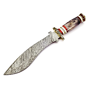 Skokie Knives Custom Damascus Steel Hunting Knife Color Camel Bone Handle with Brass Spacer -Handmade Premium Quality Edge Fixed Blade – For Multipurpose – Ideal for Survival Hunting Camping Hiking Outdoor Every Day Carry Professional Use Art of Craftsman