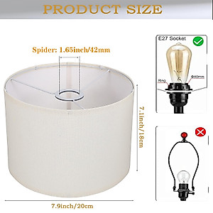 Drum Lamp Shade, Natural Round Linen Lamp Shades for Floor Lamp Replacement, Small Fabric Cylinder Decorative Lampshade with E27 Adapters for Table Lamp Bedside Lamp Chandeliers(White)(1.65" Spider)