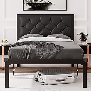 Feonase Twin Size Metal Bed Frame with Faux Leather Button Tufted Headboard, Heavy-Duty Platform Bed Frame with 12" Storage, Steel Slats Support, No Box Spring Needed, Noise Free, Black