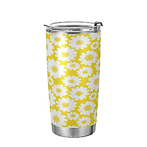 ALAZA White Daisy Flower on Yellow Insulated Travel Tumbler Mug with Lid & Straw Double Wall Vacuum Water Bottle Car Cup Stainless Steel, Hot and Cold Thermos, 20oz