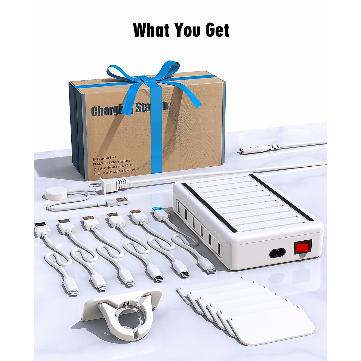 ₂₀₂₃𝘕𝘦𝘸 Charging Station Multiple Charger Station - 6-Port USB Fast Charging Dock 50W Organizer Station with Watch Charger for iPhone|Android Cell Phone|iPad|Kindle|Watch|Tablet