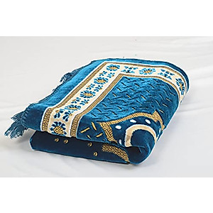 TB Muslim Prayer Rug Thick, Islamic, Soft Velvet Mat Ramadan Gift, with Prayer Bead Unique Decoration Gilded Gold-Like Embroidered for Women Man Kids Meditation Turkish African (Blue)