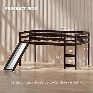 NAFORT Twin Loft Bed with Slide, Low Loft Bed with Stairs, Solid Wood Twin Loft Bed Frame for Girls Boys with Climbing Ladders Guard Rails and Slat Support (Espresso)