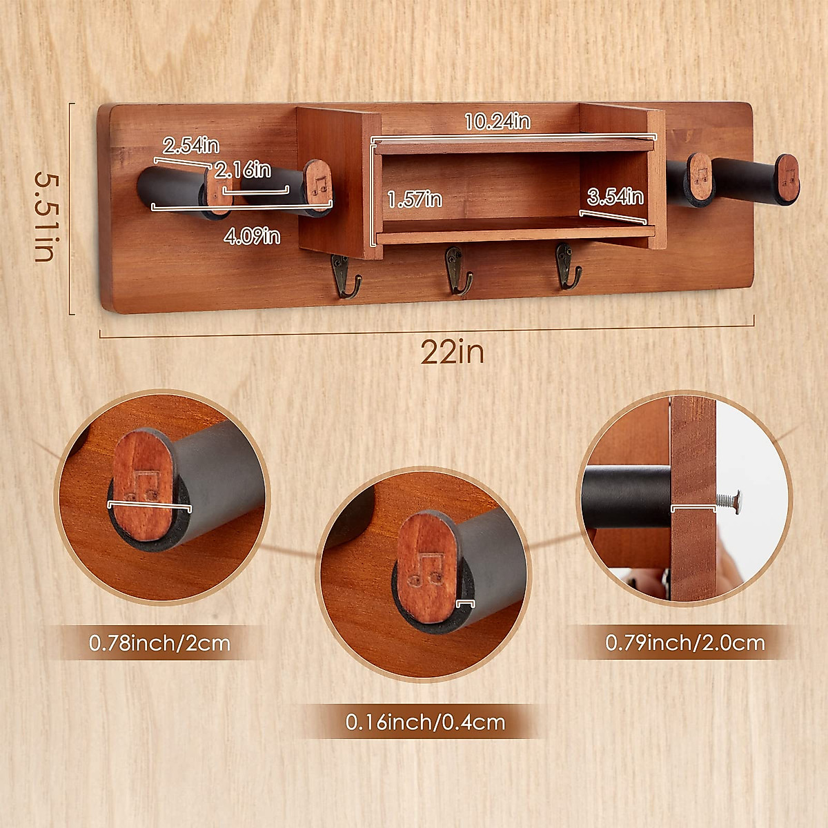 MIRIO Double Guitar Wall Mount with Shelf, Solid Wood Guitar/Ukulele Hangers with 2 Guitar Holders and Pick Holders for Wall Mount- Brown