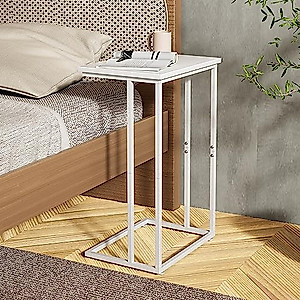 Innerjoin Wide C Side Table,C Couch Table with Metal Frames, Small Snack End Table for Couch and Bed, Retro Laptop C Table, Living Room and Bedroom, Industrial Style, White