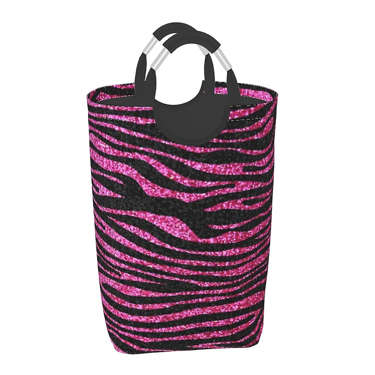 Large Laundry Hamper, Pink and Black Zebra Print Bling Faux Glitter Laundry Basket Collapsible & Waterproof Storage Basket for College Dorm, Family Essentials