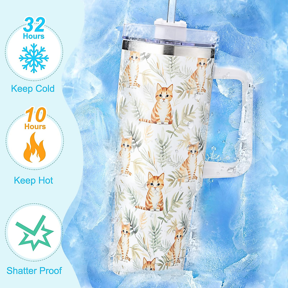 40 oz Tumbler with Handle and Straw, Cat Insulated Travel Mug Iced Coffee Cup, Reusable Stainless Steel Insulated Water Bottle, Keeps Drinks Cold for 34 Hours, Dishwasher Safe, BPA Free