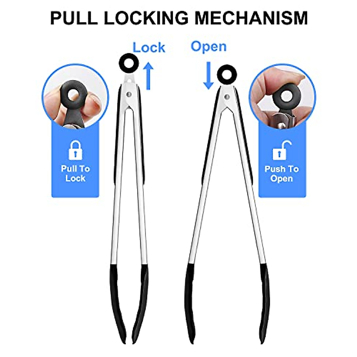 Bnlcd Kitchen Tongs, Premium Stainless Steel Locking Cooking Tongs with Silicone Tips, Non-Slip Food Tongs for Cooking, Heavy Duty, Non-Stick, 480℉, Set of 3-7" 9" and 12" Black